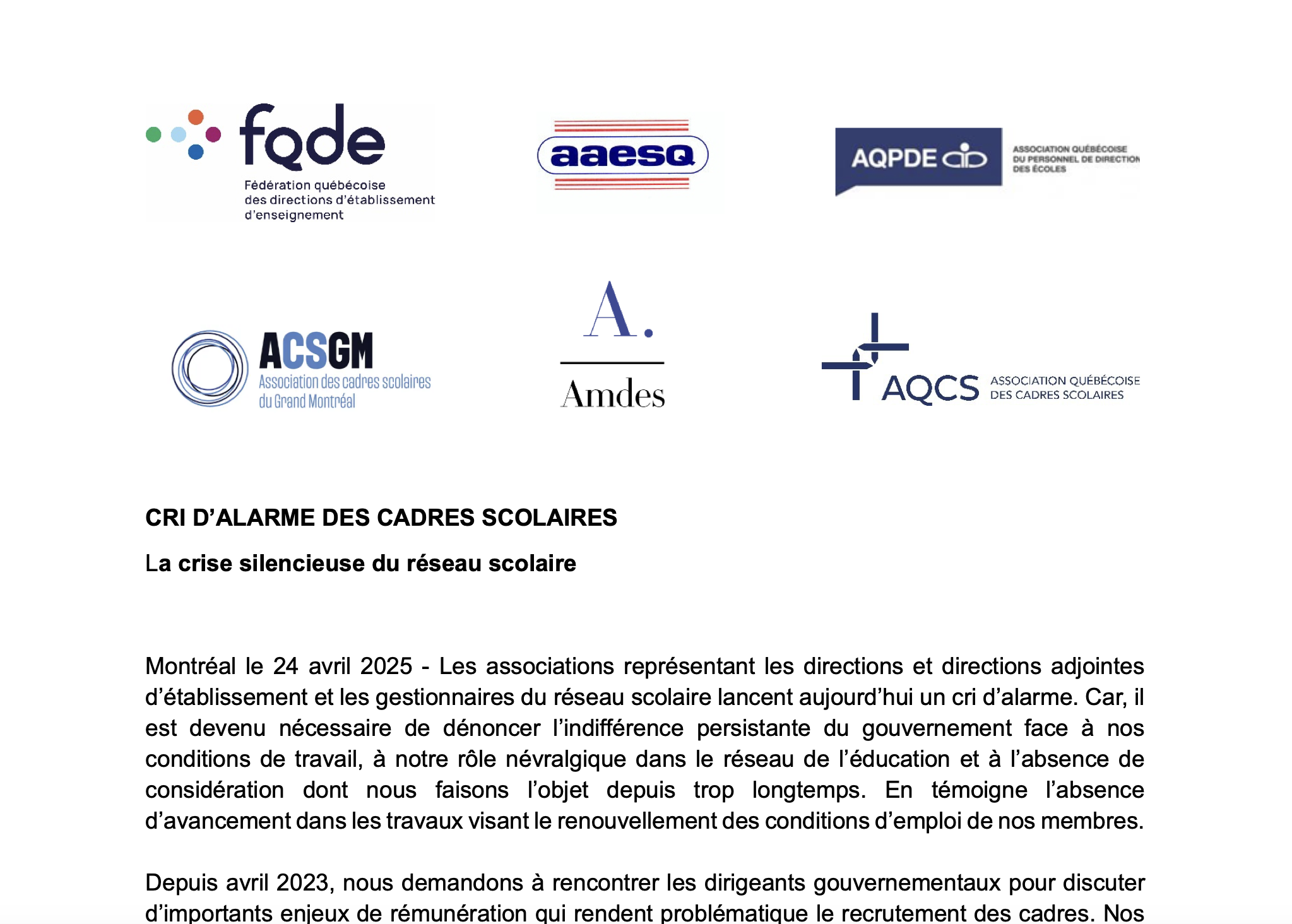 LETTRE OUVERTE - Les directions et directions adjointes lancent un cri ...